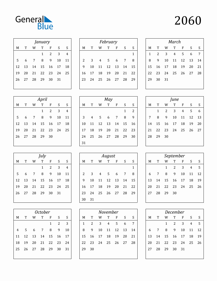 2060 Blank Yearly Calendar Printable with Monday Start