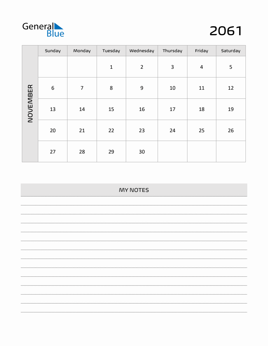 November 2061 Printable Monthly Calendar with Notes