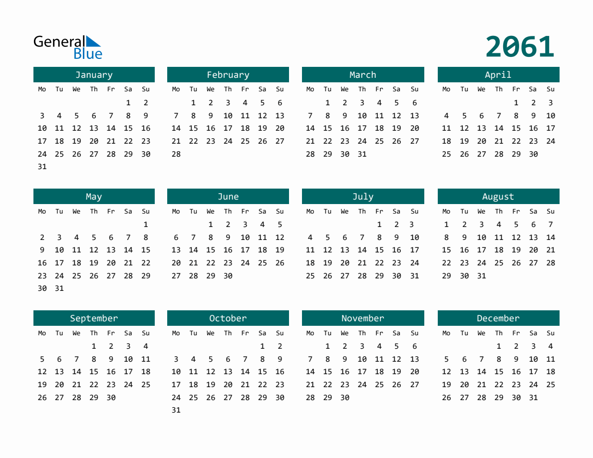2061 Full-Year Calendar with Monday Start
