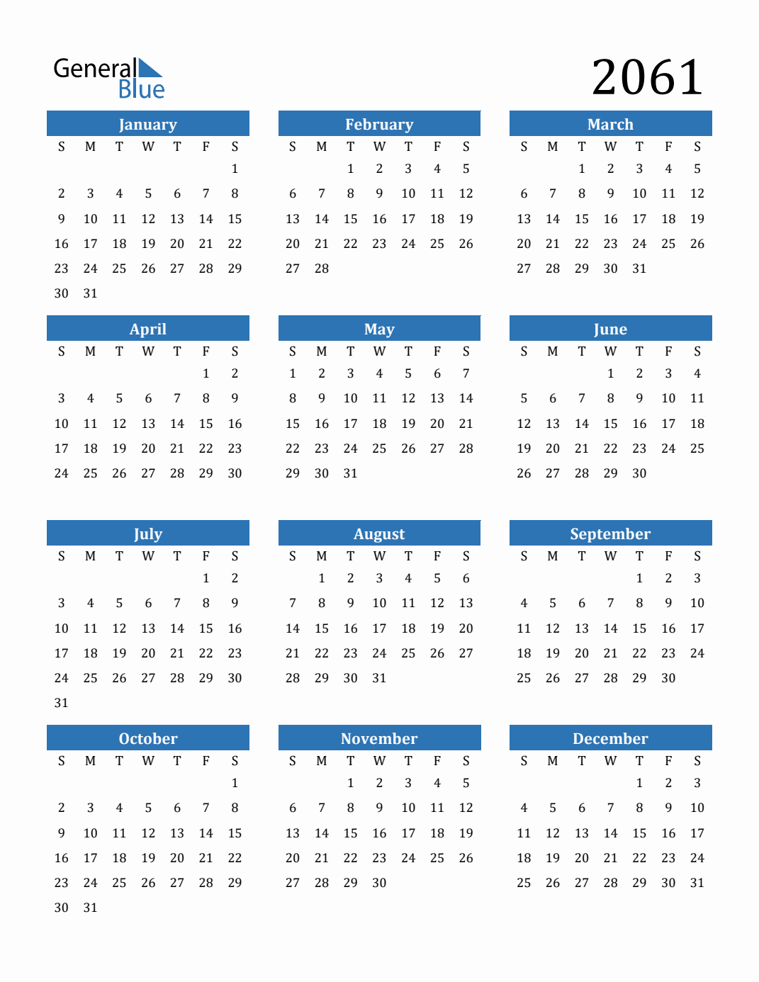 Free 2061 Calendars in PDF, Word, Excel