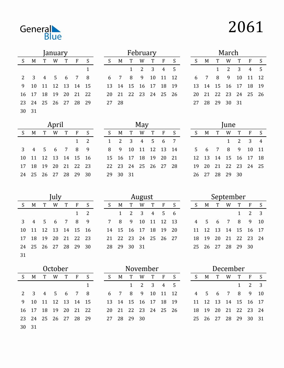 Year 2061 Free Printable 12-Month Calendar