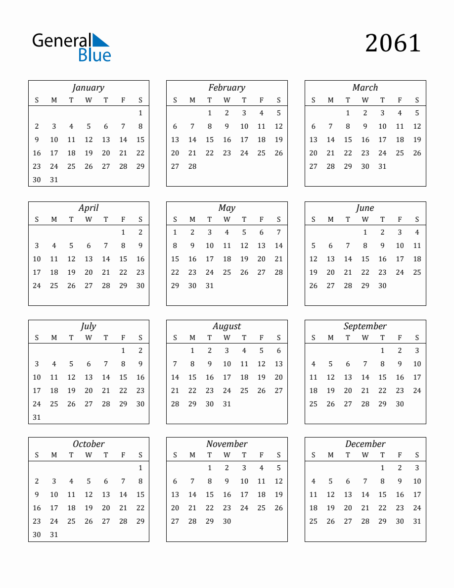 2061 Blank Yearly Calendar Printable