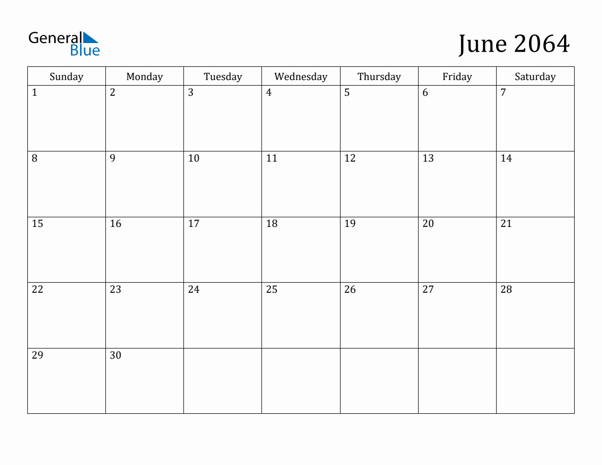 June 2064 Monthly Calendar