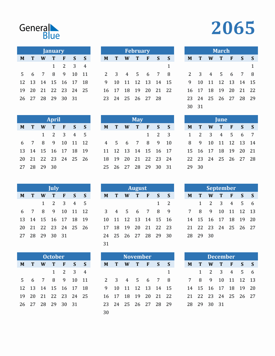 Free 2065 Year Calendar in PDF, Word, and Excel with Monday Start