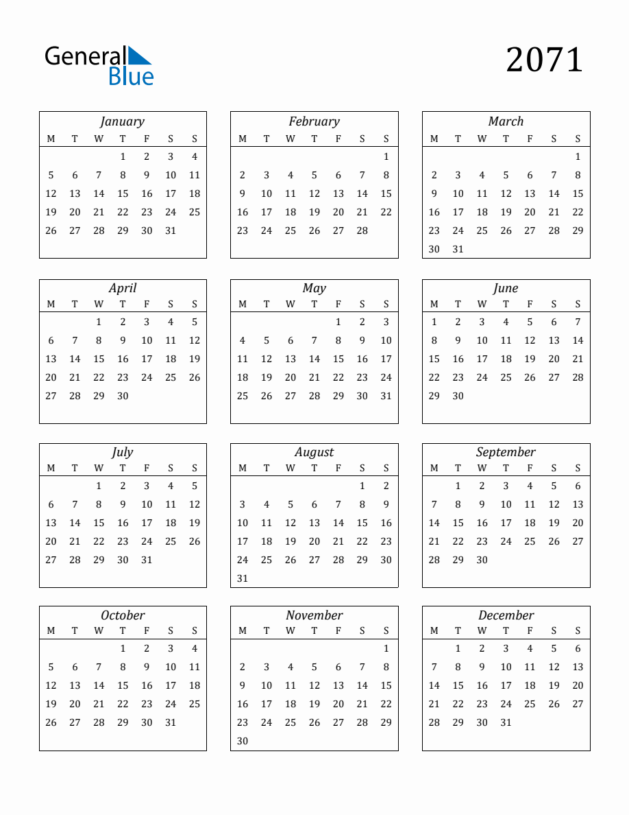 2071 Blank Yearly Calendar Printable with Monday Start