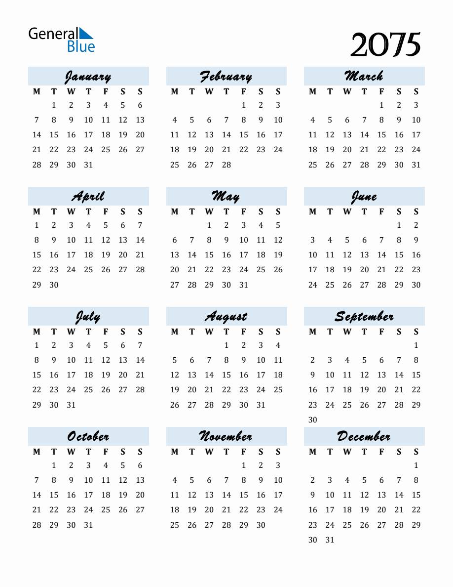 Free Downloadable Calendar for Year 2075 with Monday Start