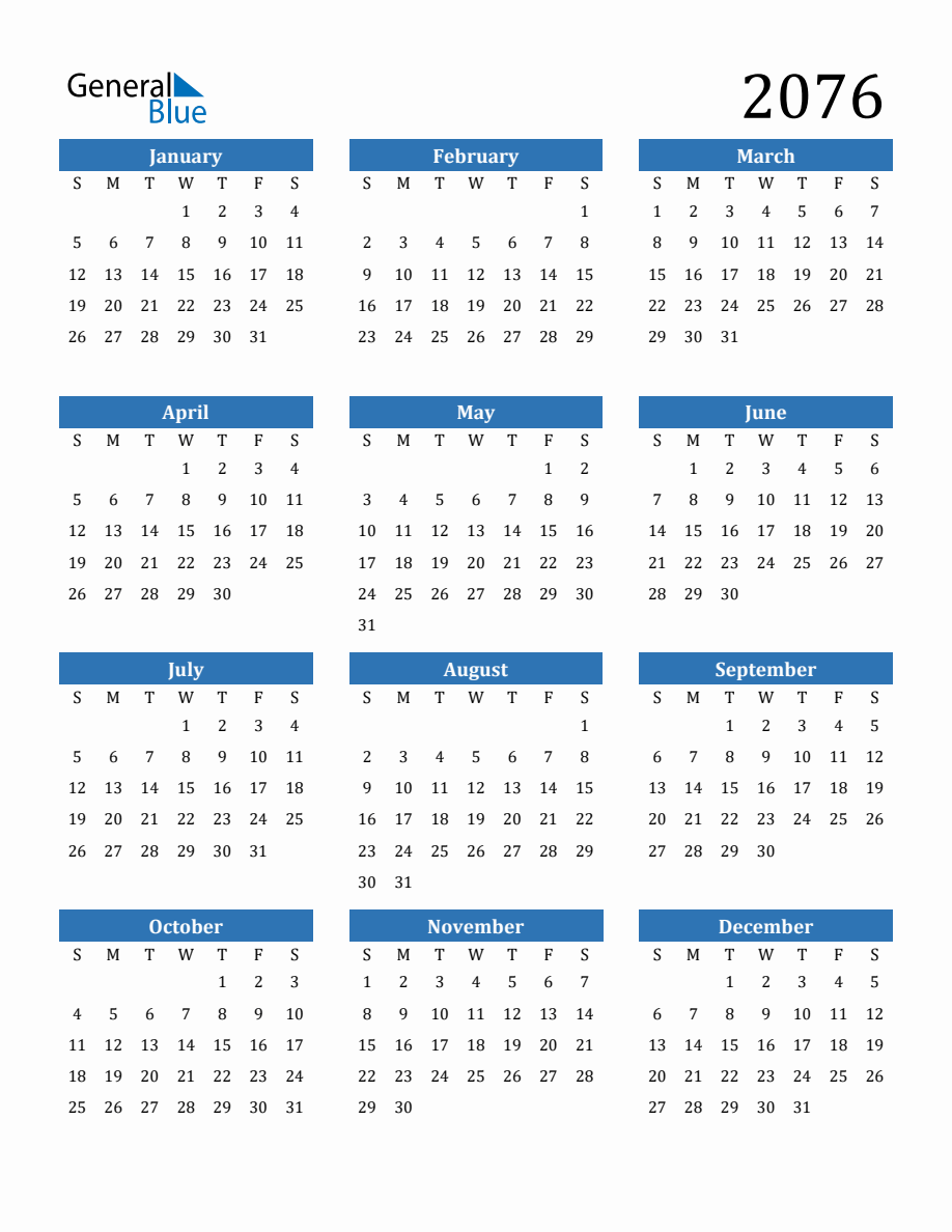 2076 Yearly Calendar