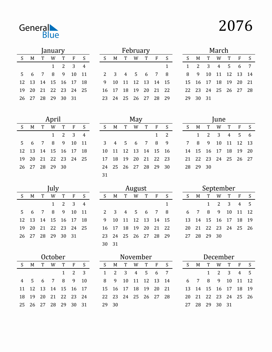 Year 2076 Free Printable 12-Month Calendar