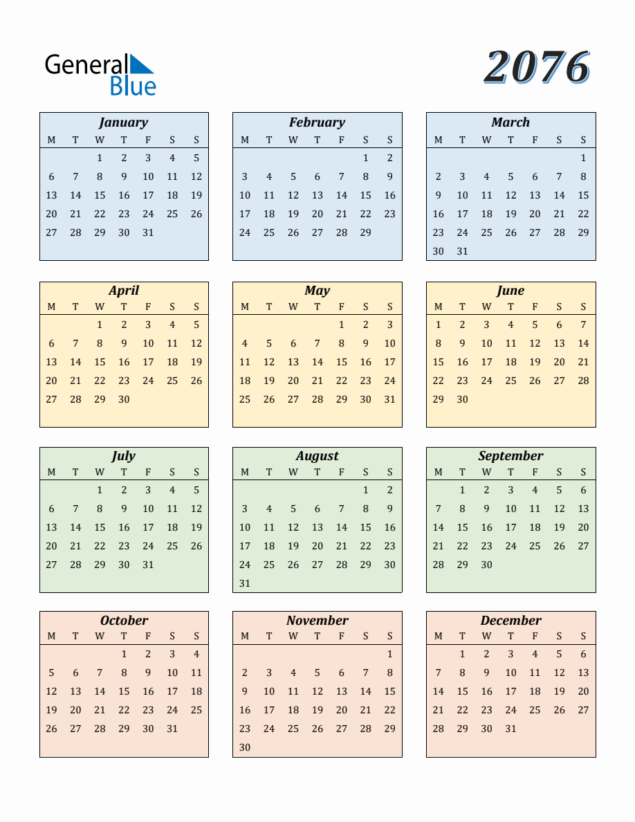 Calendar for Year 2076 with Monday Start