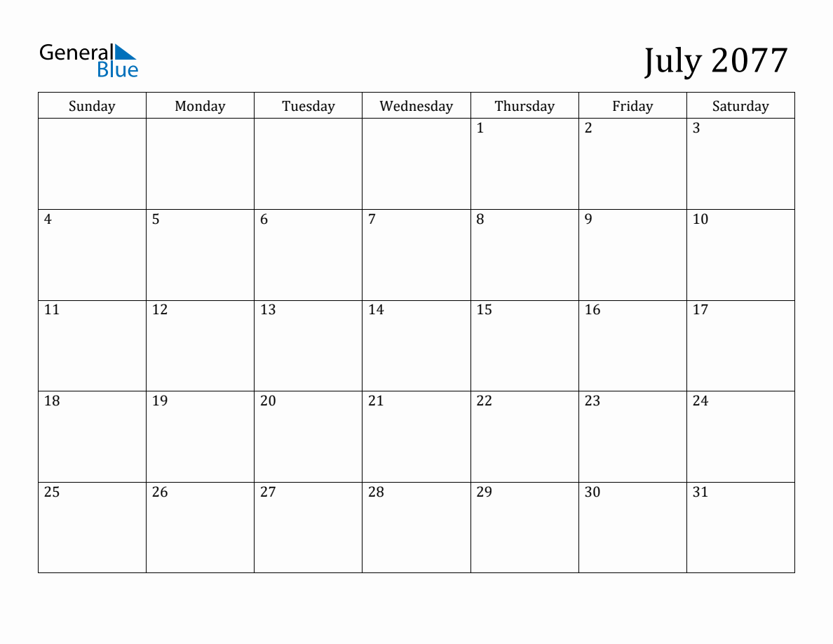 July 2077 Monthly Calendar