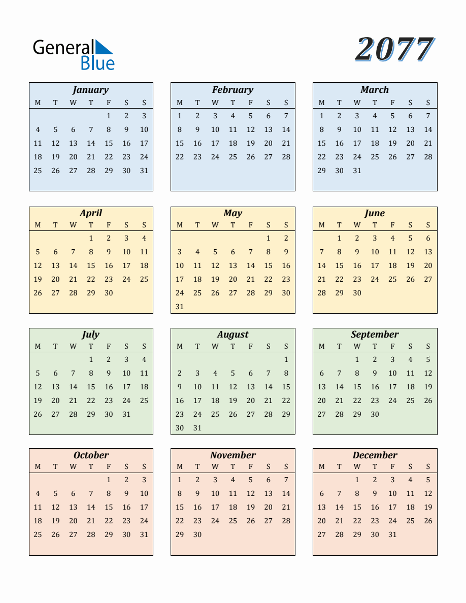 Calendar for Year 2077 with Monday Start