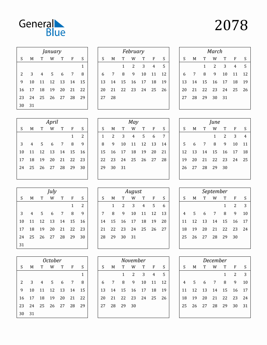 2078 Blank Yearly Calendar Printable