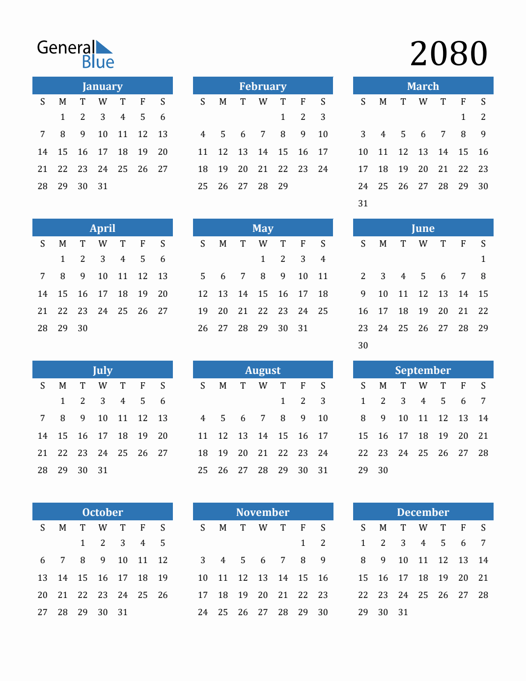 2080 Yearly Calendar Templates with Monday Start