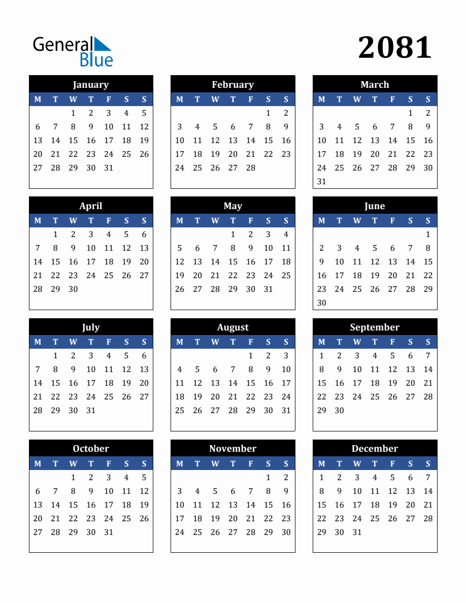 Editable 2081 Calendar with Monday Start