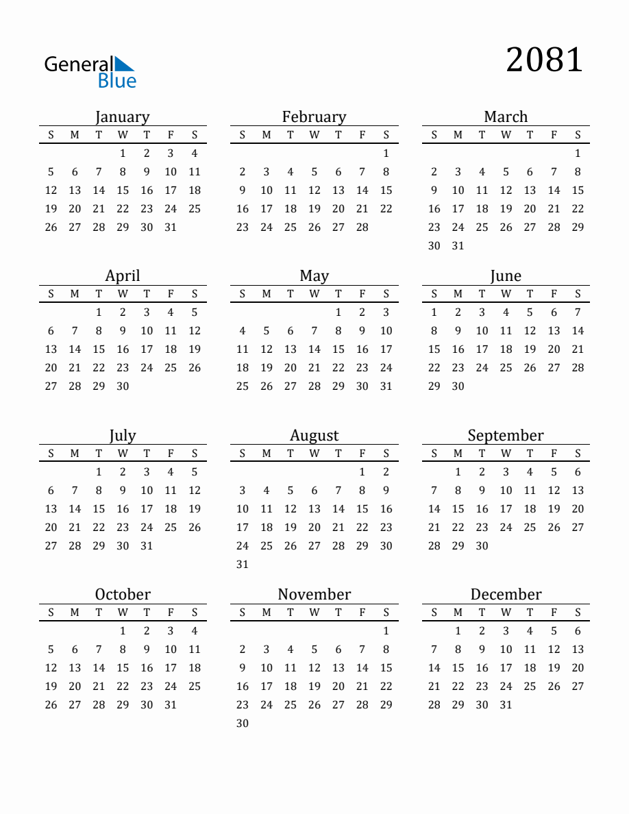 Year 2081 Free Printable 12-Month Calendar
