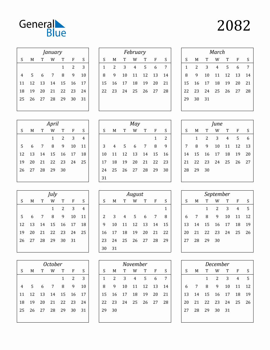 2082 Blank Yearly Calendar Printable