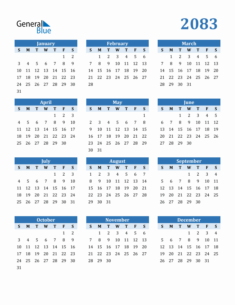 Free 2083 Year Calendar in PDF, Word, and Excel