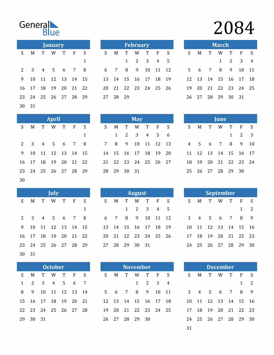 Free 2084 Calendars in PDF, Word, Excel