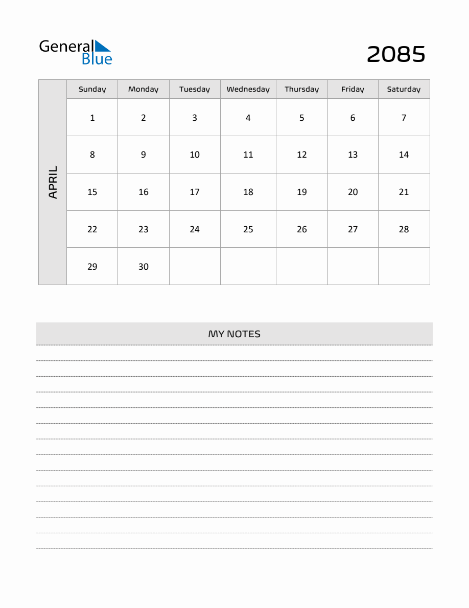 April 2085 Printable Monthly Calendar with Notes