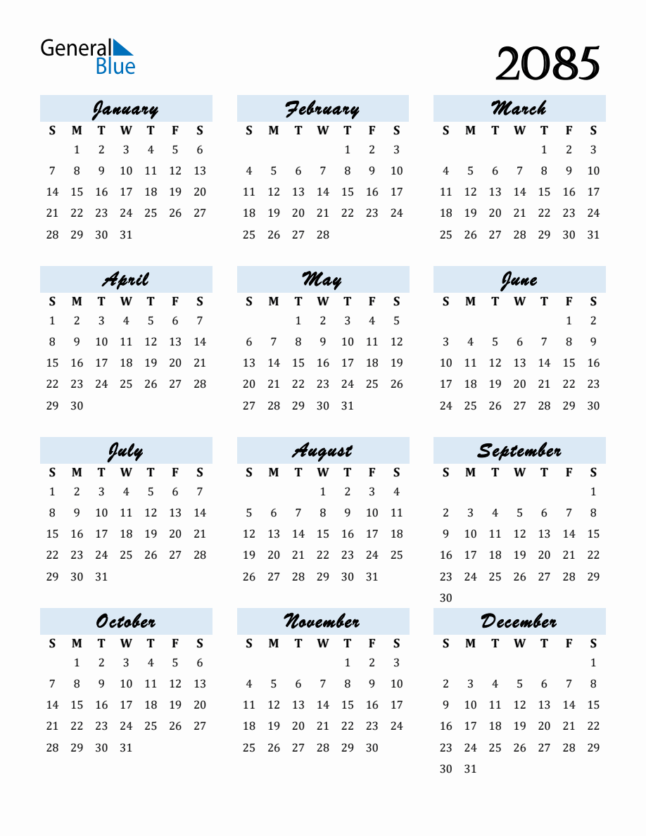 Free Downloadable Calendar for Year 2085