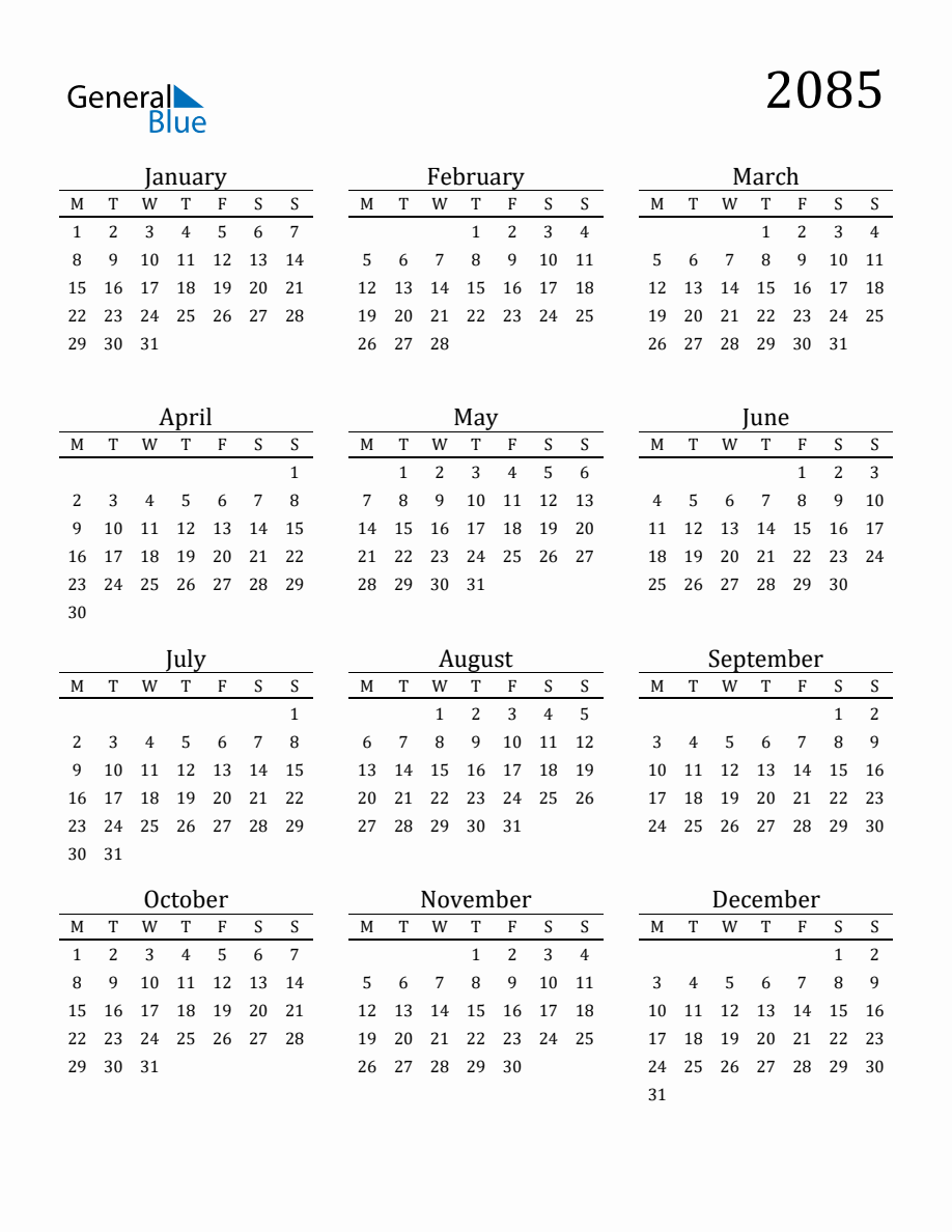Year 2085 Free Printable 12-Month Calendar with Monday Start