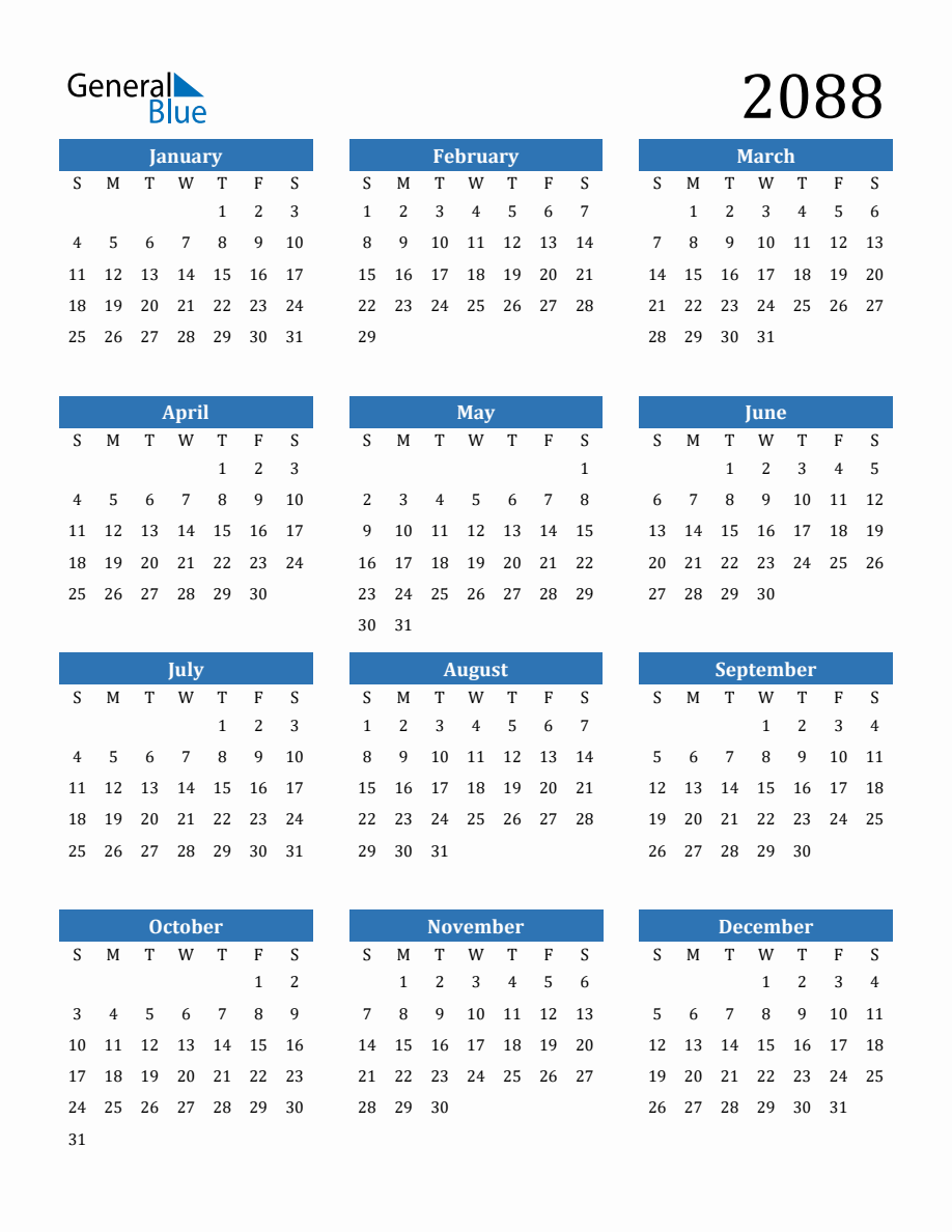 2088 Yearly Calendar