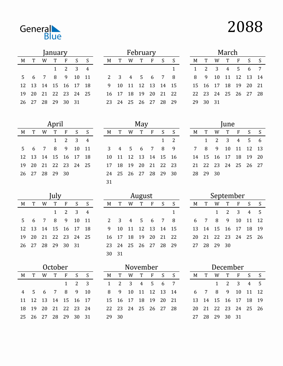 Year 2088 Free Printable 12-Month Calendar
