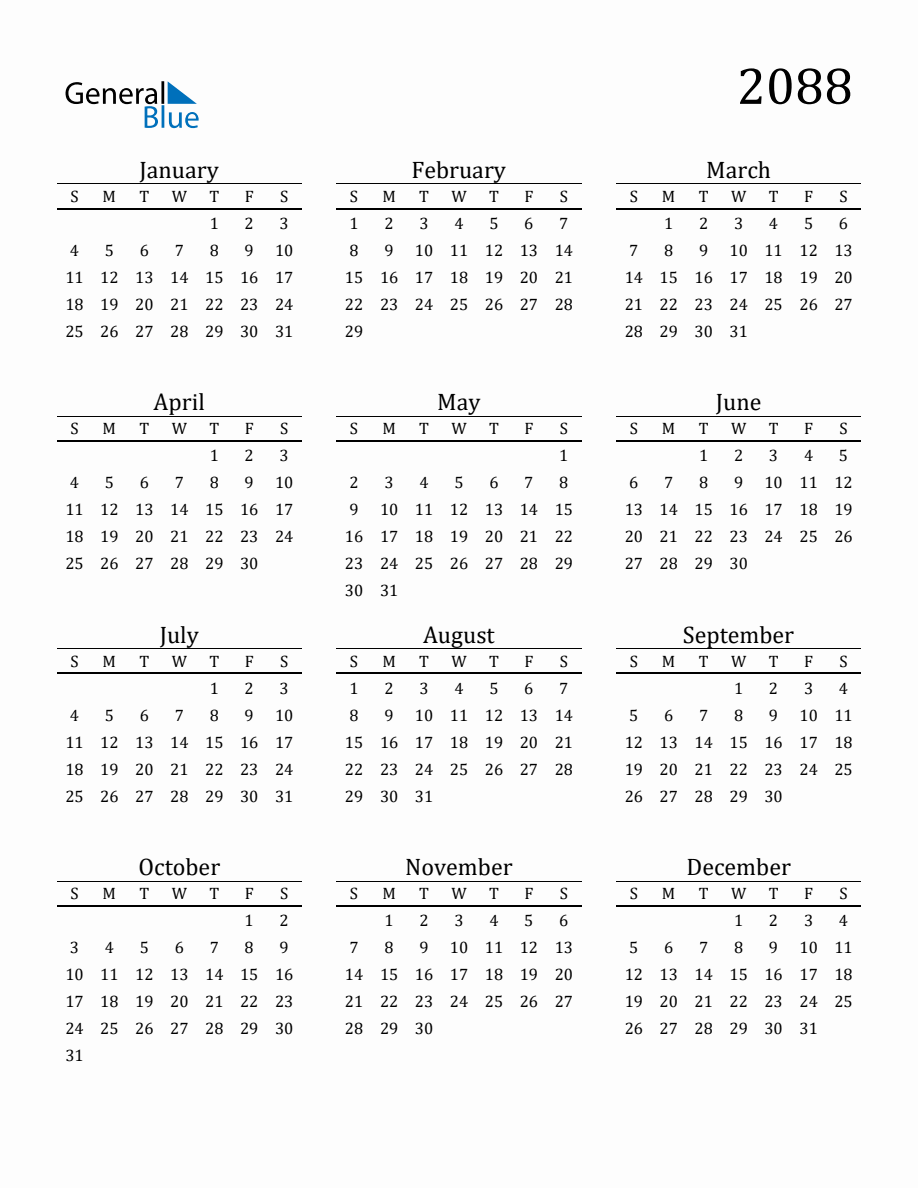Year 2088 Free Printable 12-Month Calendar