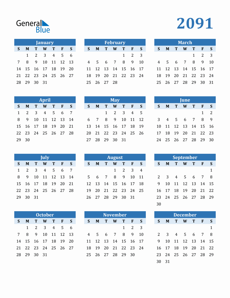 Free 2091 Year Calendar in PDF, Word, and Excel