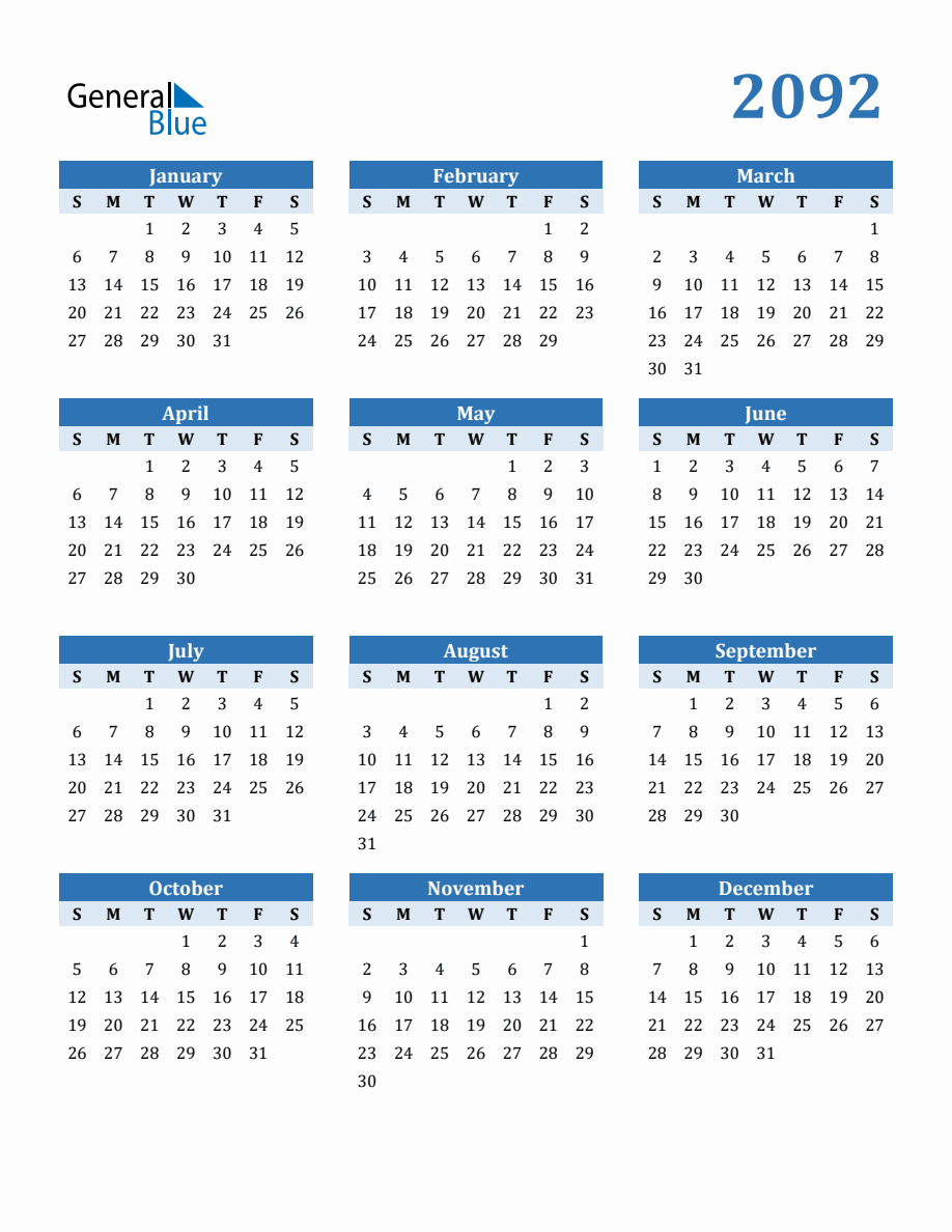 Free 2092 Year Calendar in PDF, Word, and Excel