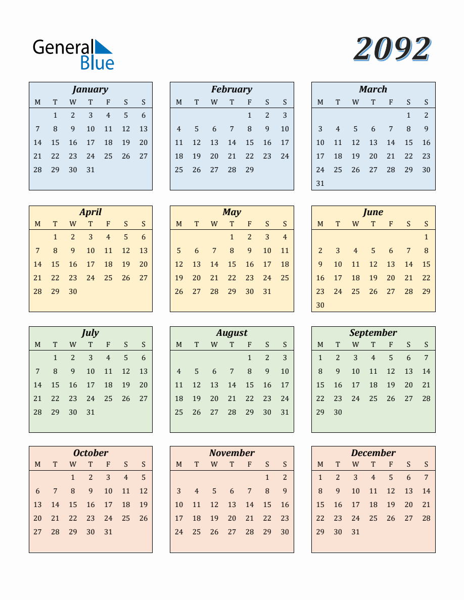 Calendar for Year 2092 with Monday Start