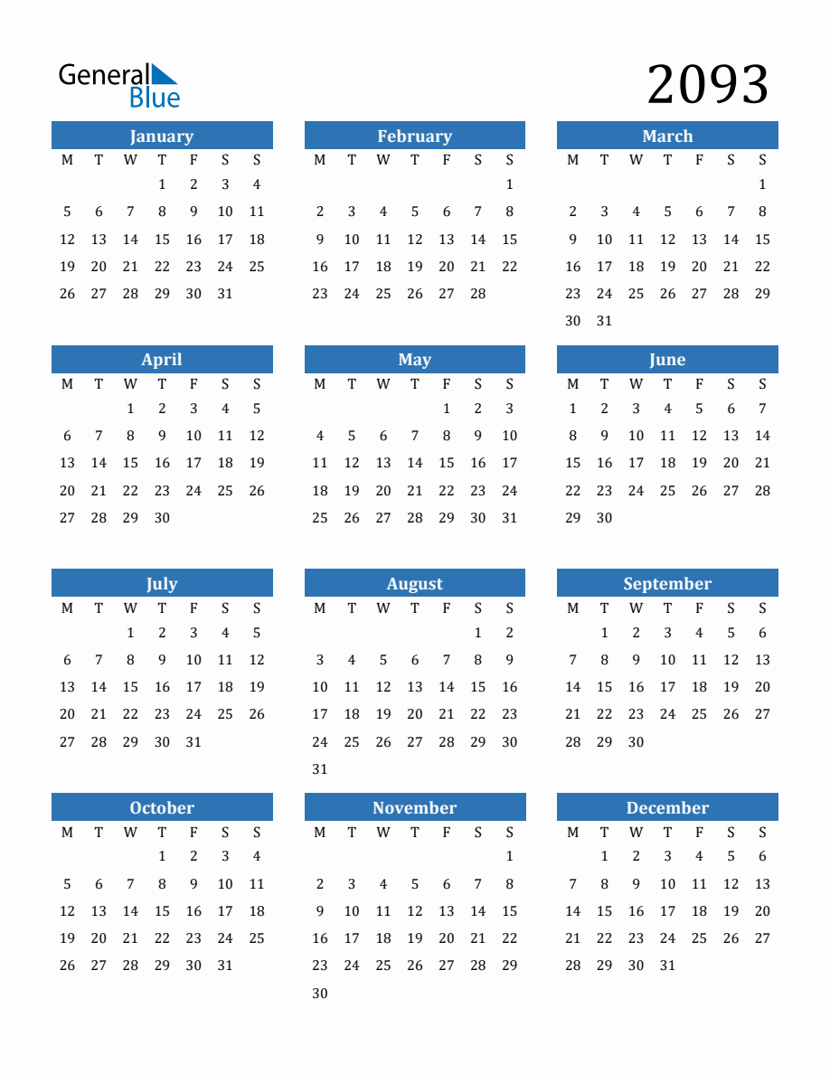 2093 Yearly Calendar with Monday Start