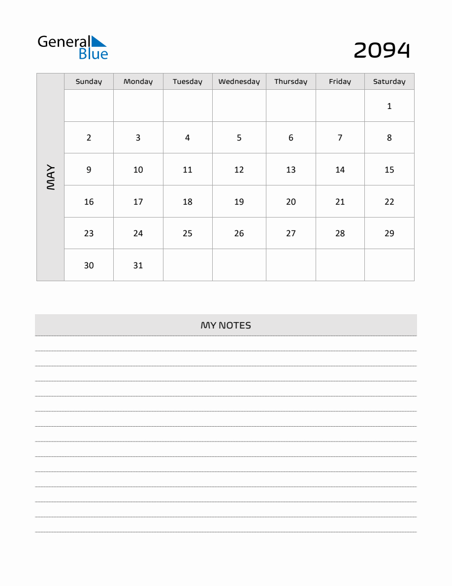 May 2094 Printable Monthly Calendar with Notes