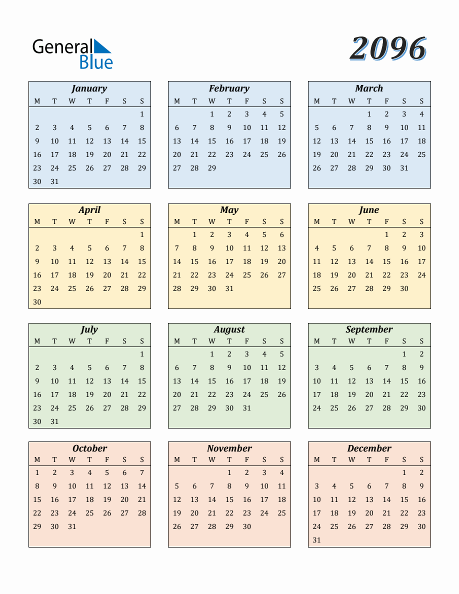 Calendar for Year 2096 with Monday Start