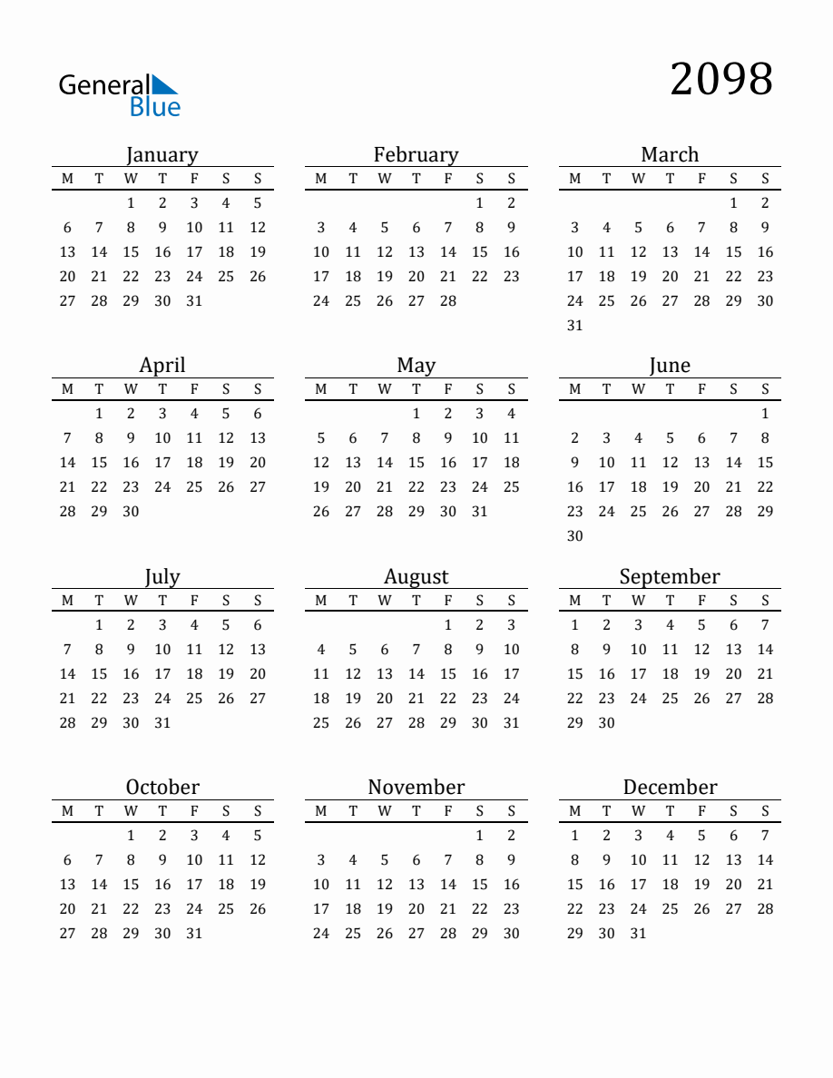 Year 2098 Free Printable 12-Month Calendar with Monday Start