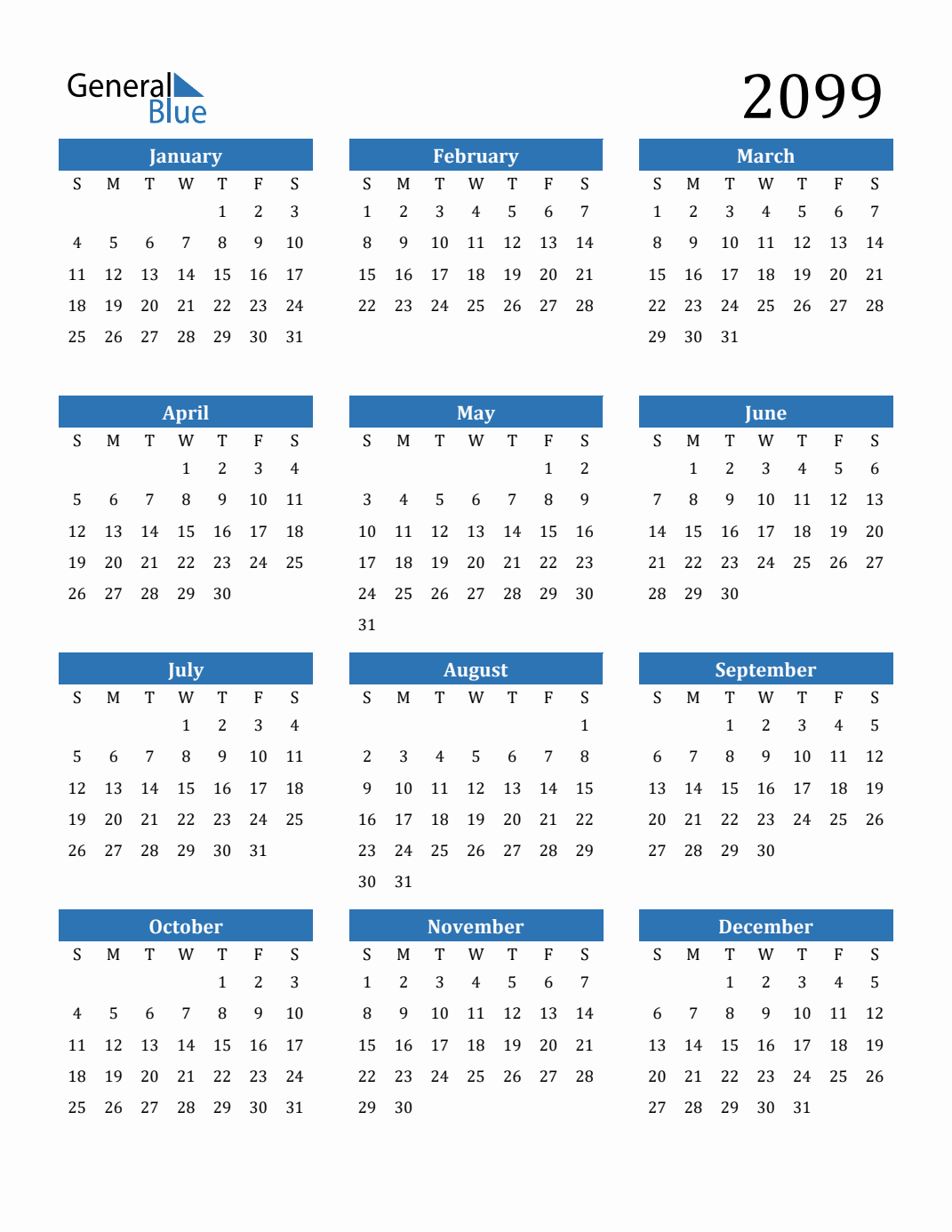 Free 2099 Calendars in PDF, Word, Excel
