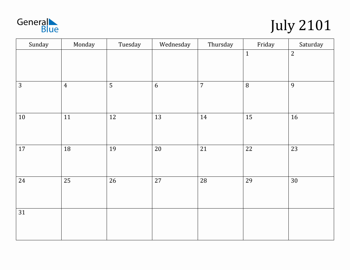 July 2101 Monthly Calendar