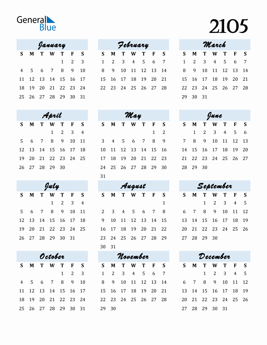 Free Downloadable Calendar for Year 2105