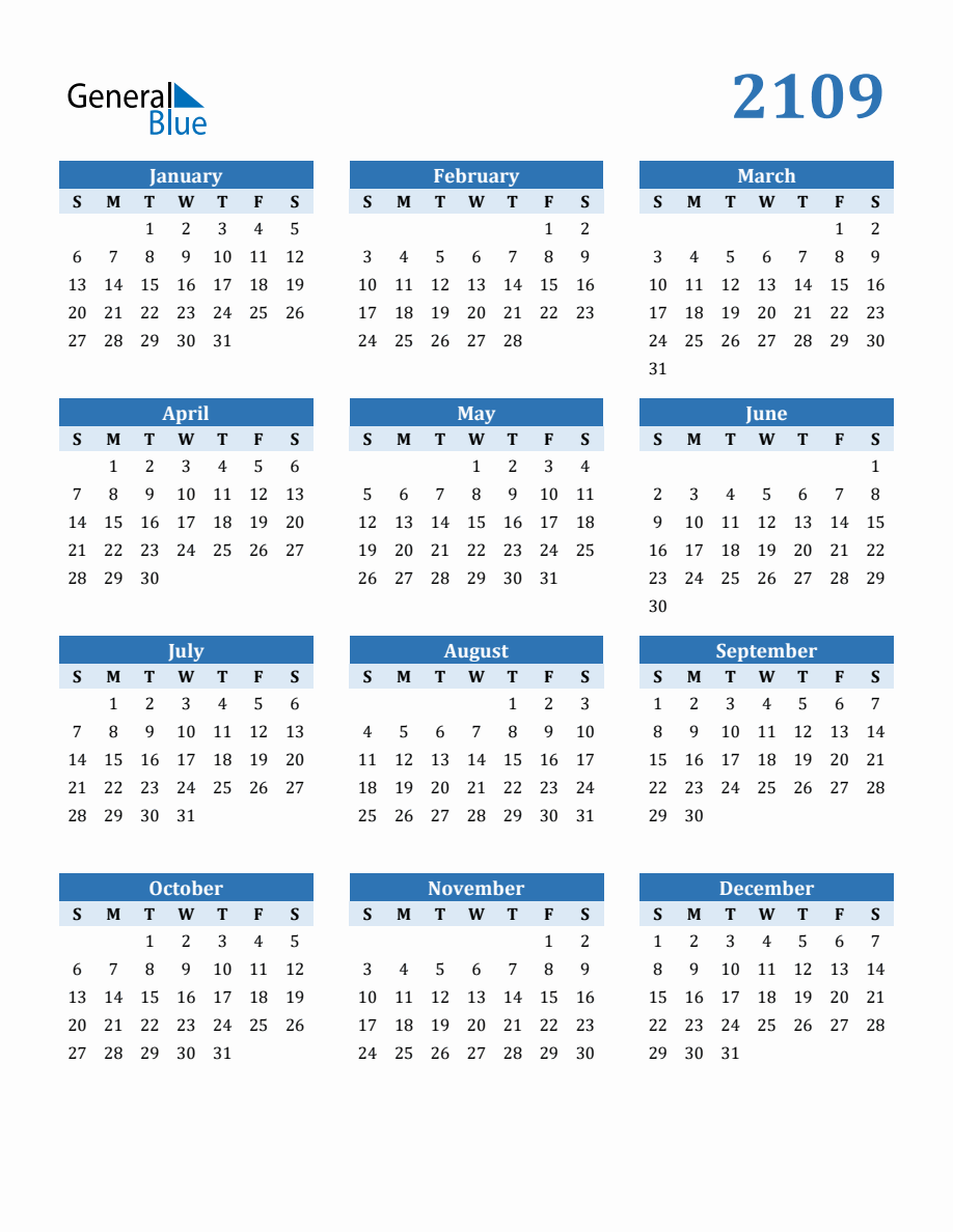 Free 2109 Year Calendar in PDF, Word, and Excel