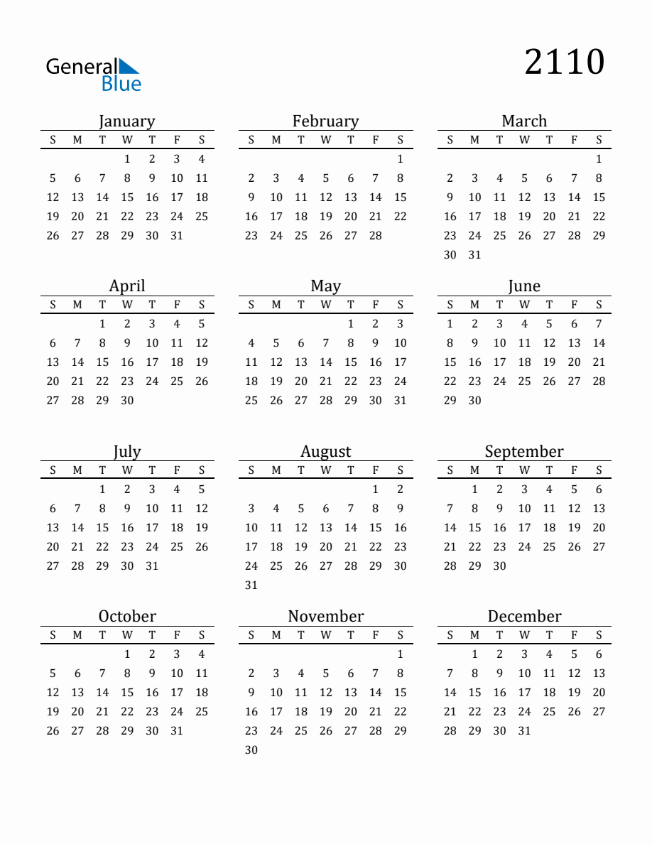 Year 2110 Free Printable 12-Month Calendar