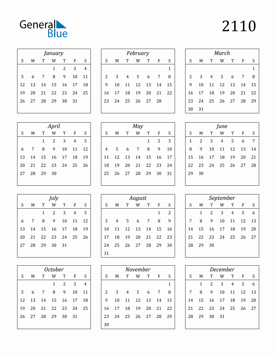 2110 Blank Yearly Calendar Printable