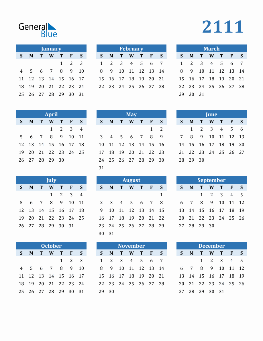 Free 2111 Year Calendar in PDF, Word, and Excel