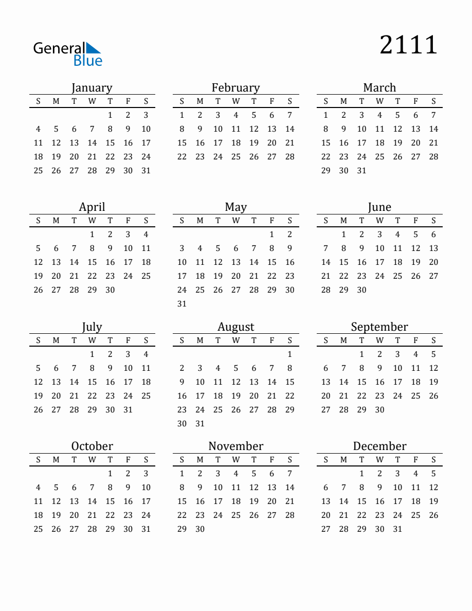 Year 2111 Free Printable 12-Month Calendar