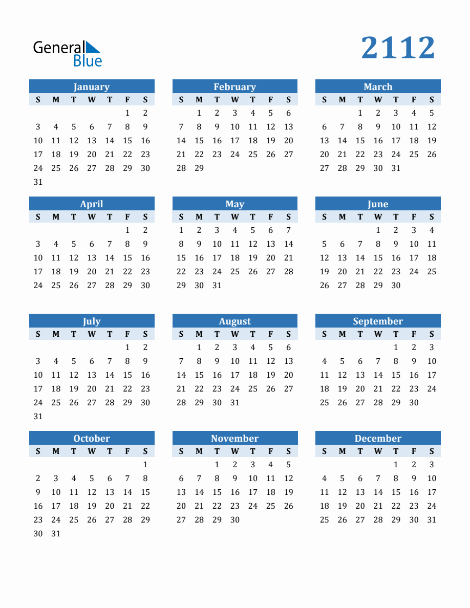Free 2112 Year Calendar in PDF, Word, and Excel