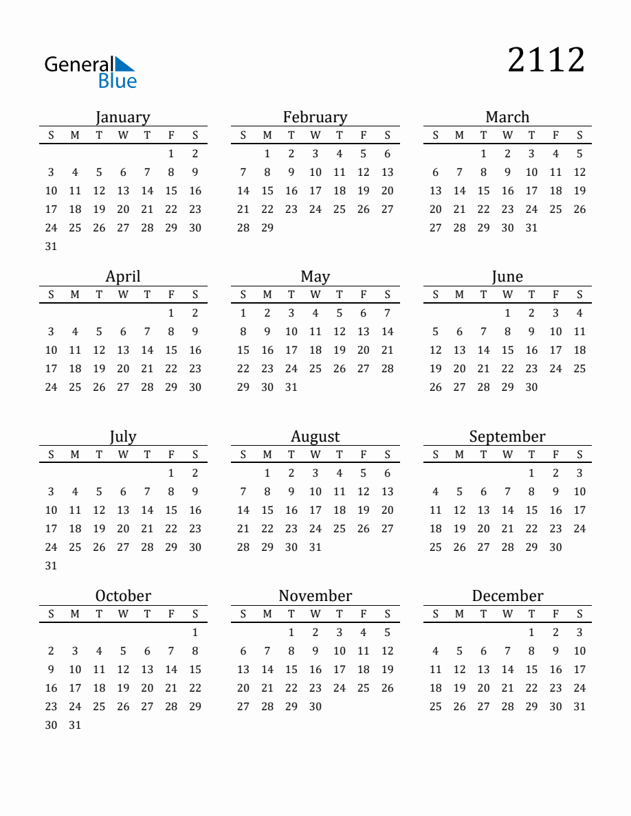 Year 2112 Free Printable 12-Month Calendar