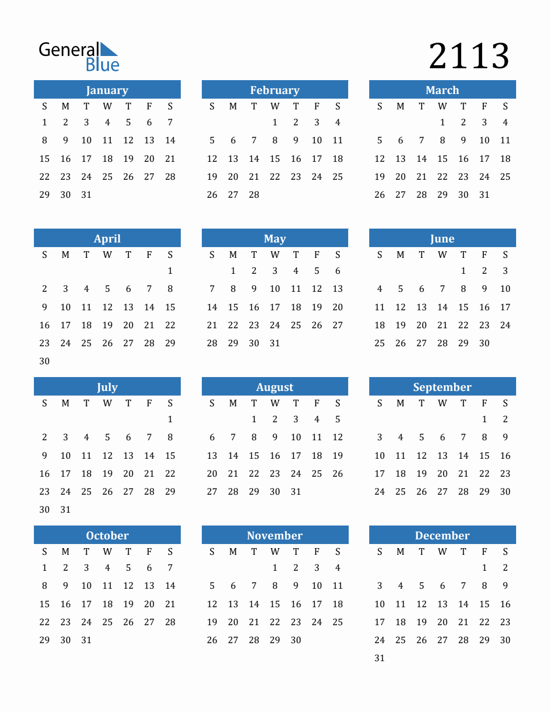 Free 2113 Calendars in PDF, Word, Excel