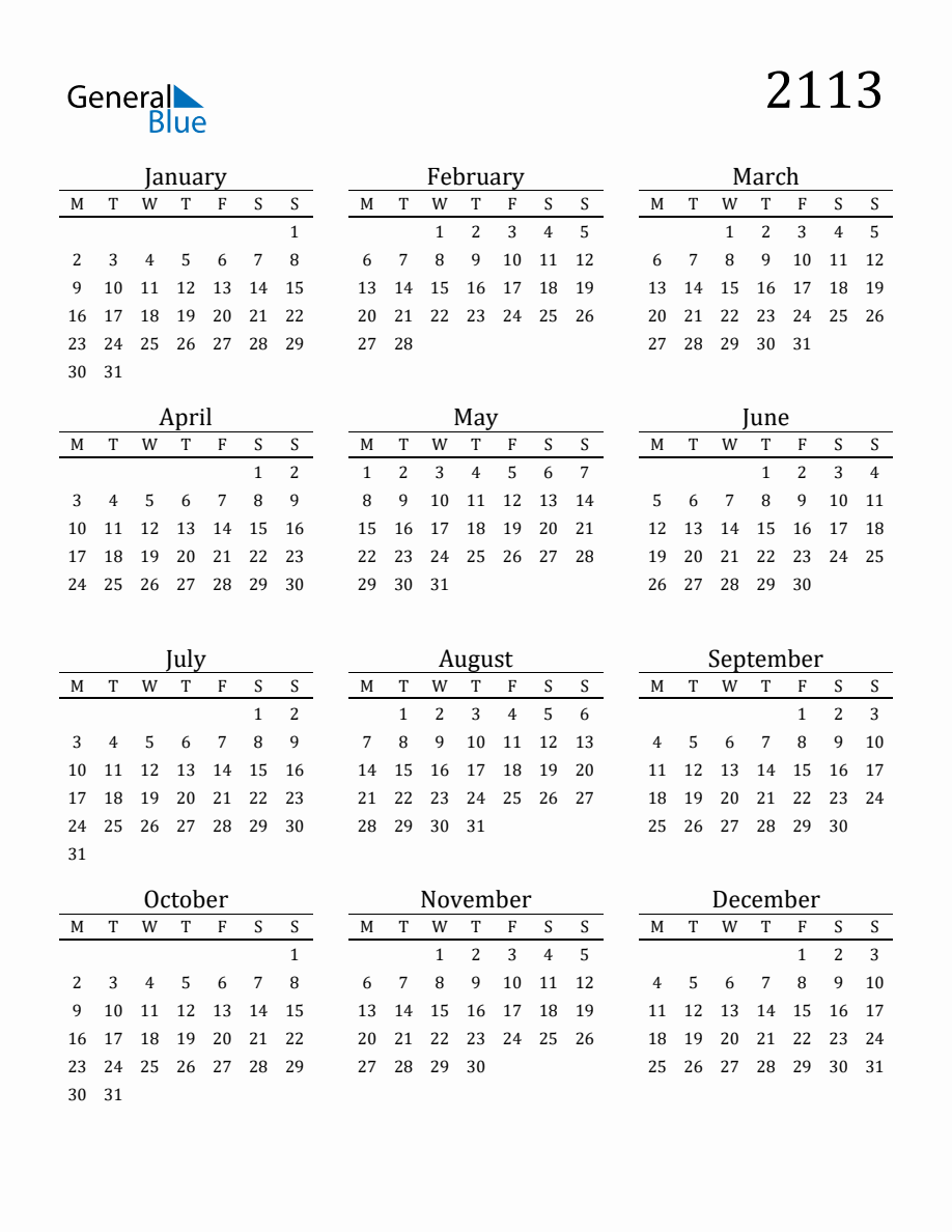 Year 2113 Free Printable 12-Month Calendar with Monday Start