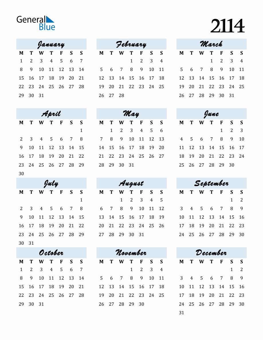 Free Downloadable Calendar for Year 2114 with Monday Start