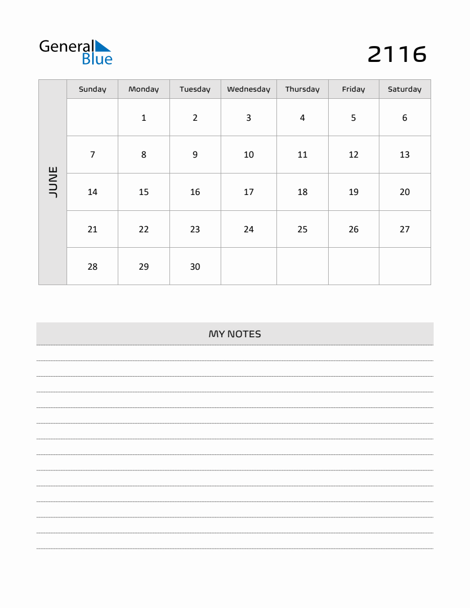 June 2116 Printable Monthly Calendar with Notes