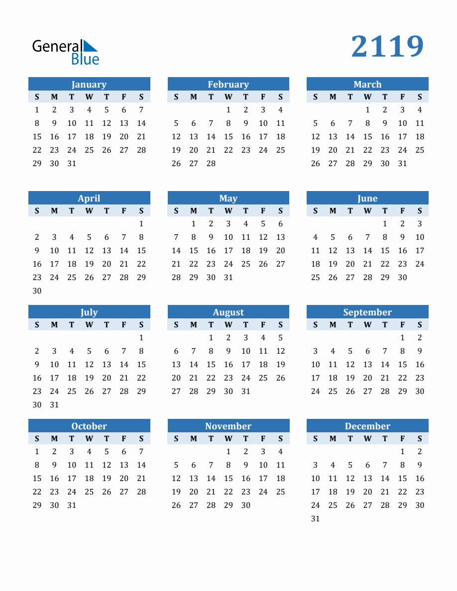 Free 2119 Year Calendar in PDF, Word, and Excel